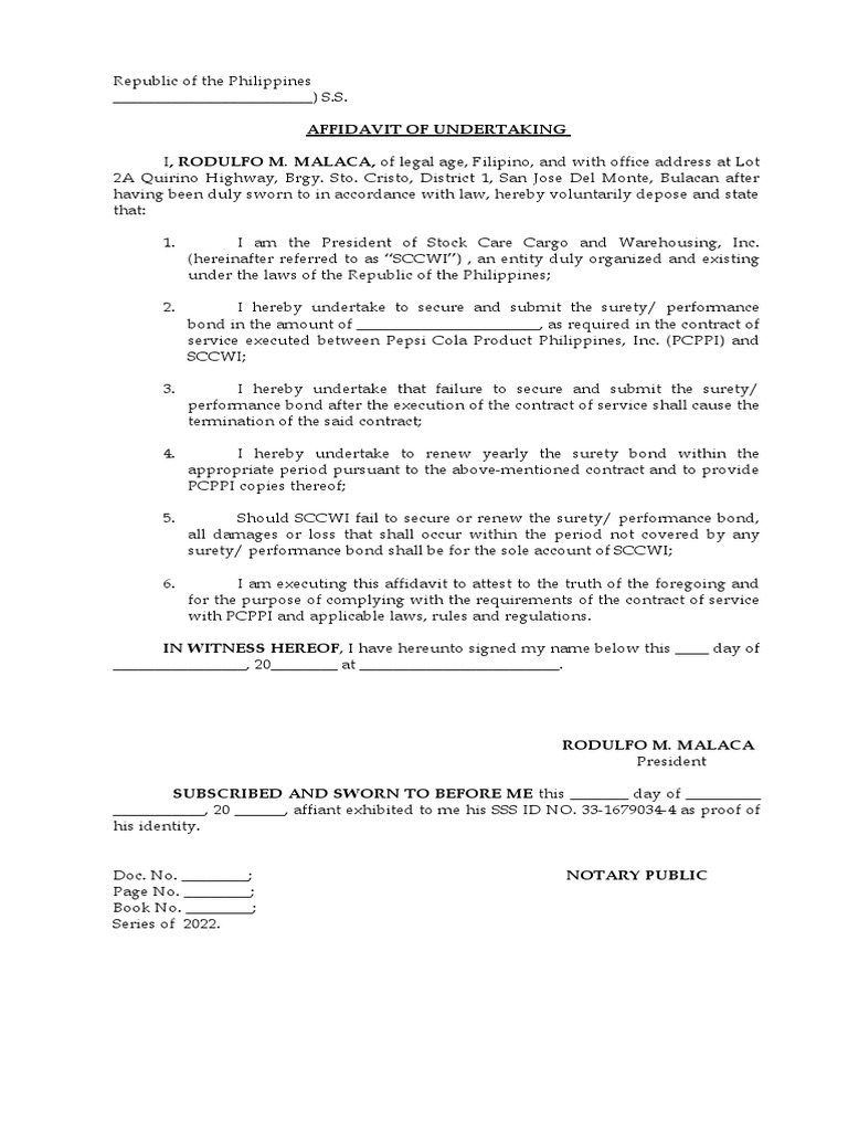 Affidavit of Performance Undertaking | PDF | Finance & Money Management ...
