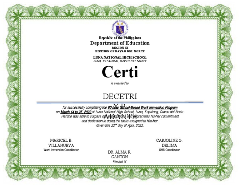 Certificate of Work Immersion | PDF