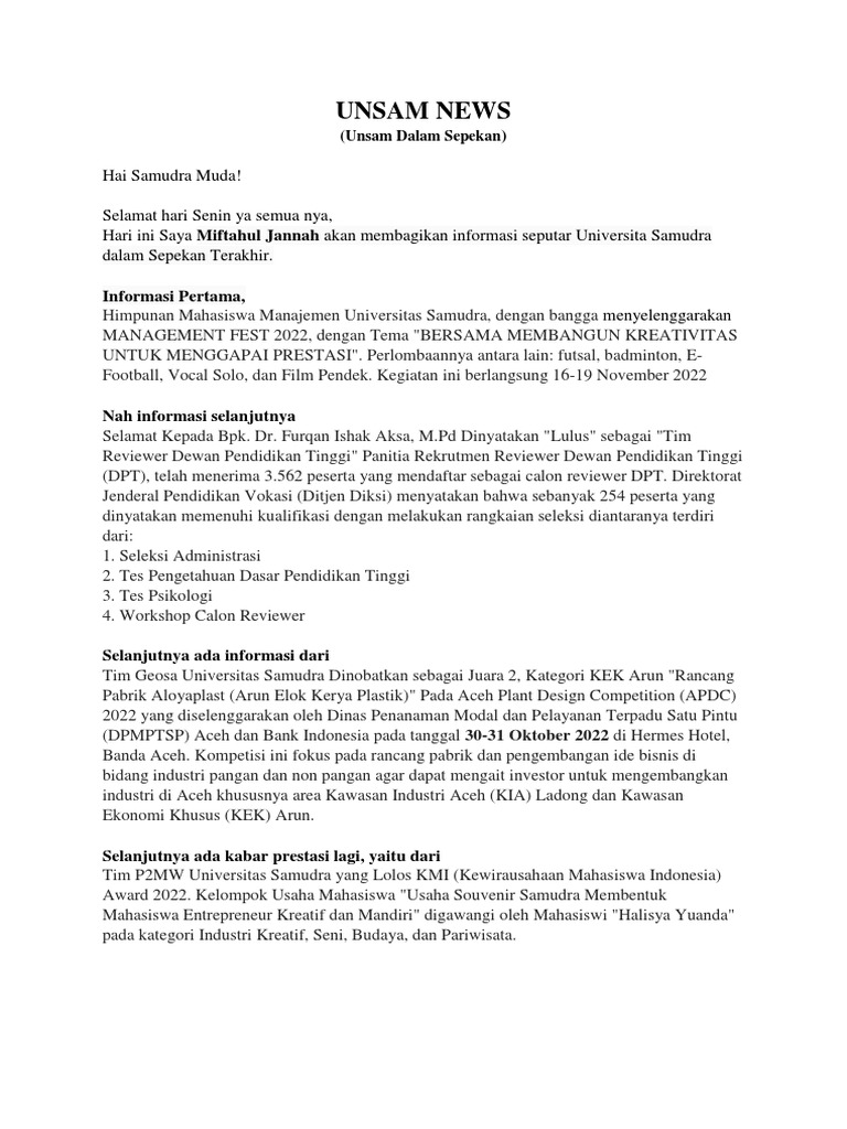 Unsam News 21 Nov | PDF | Bisnis | Perjalanan