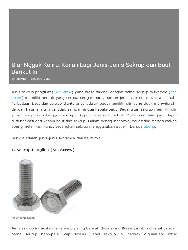 Biar Nggak Keliru, Kenali Lagi Jenis-Jenis Sekrup Dan Baut Berikut Ini - Blog KlikMRO | PDF
