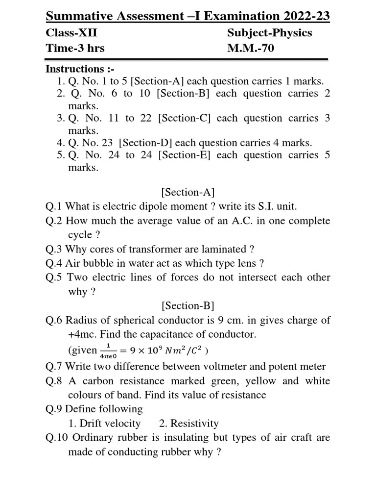 Class 12 Physics Summative Assessment Exam | PDF | Inductor ...