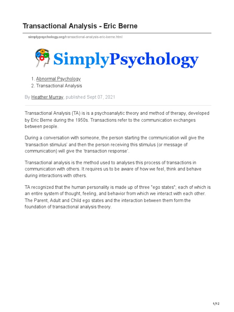 Transactional Analysis - Eric Berne | PDF | Psychotherapy | Psychoanalysis