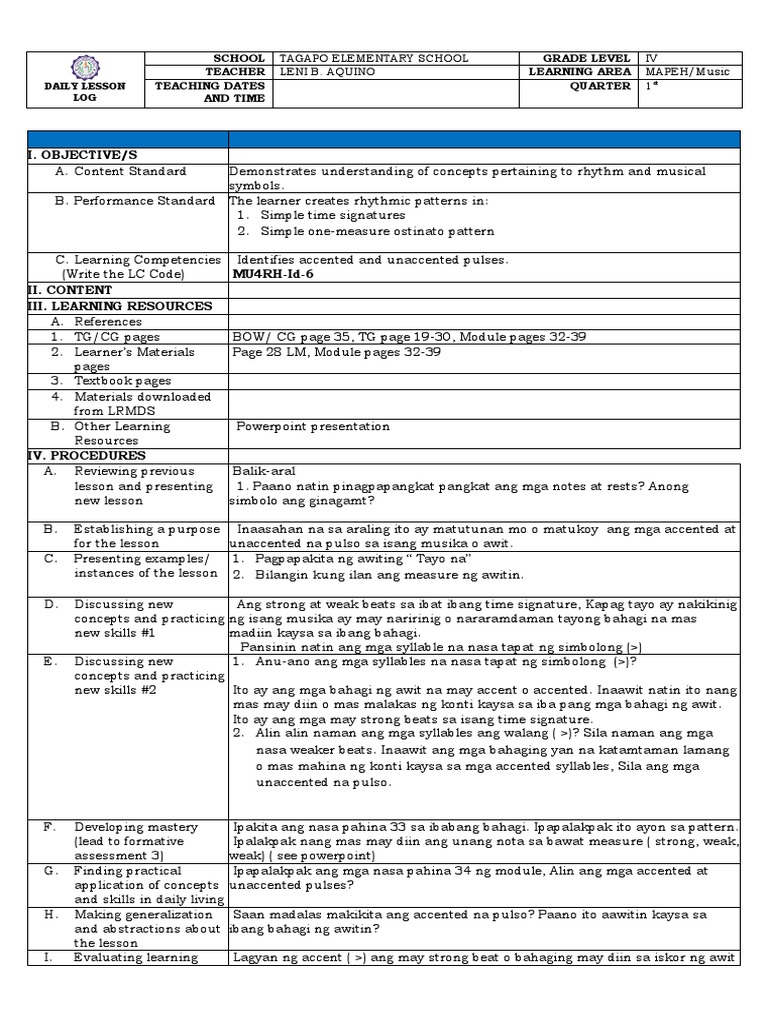 MusicQ1Aralin6 Accented at Unaccented Na Pulso | PDF
