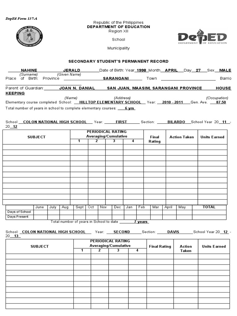 DepEd Form 137 A | PDF