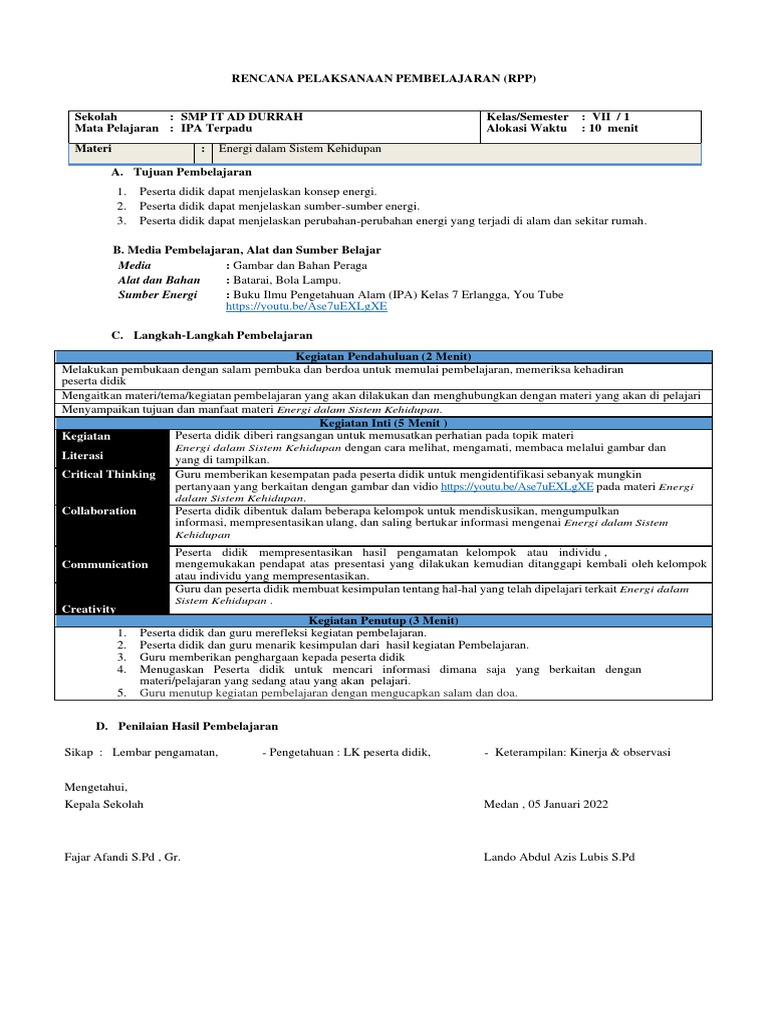 RPP Ipa Kelas 7 Energi Dalam Sistem Kehidupan | PDF