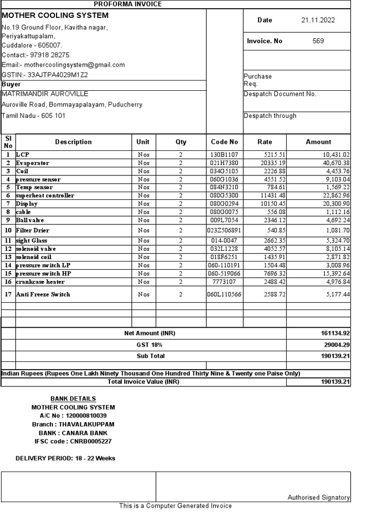 Matrimandir - Proforma Invoice 2 | PDF | Mechanical Engineering | Manufactured Goods