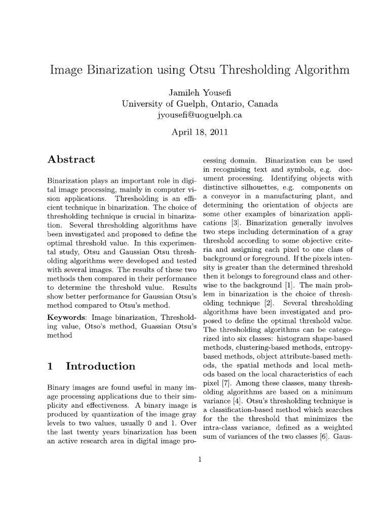 Yousefi - Image Binarization Using Otsu Thresholding Algorithm | PDF