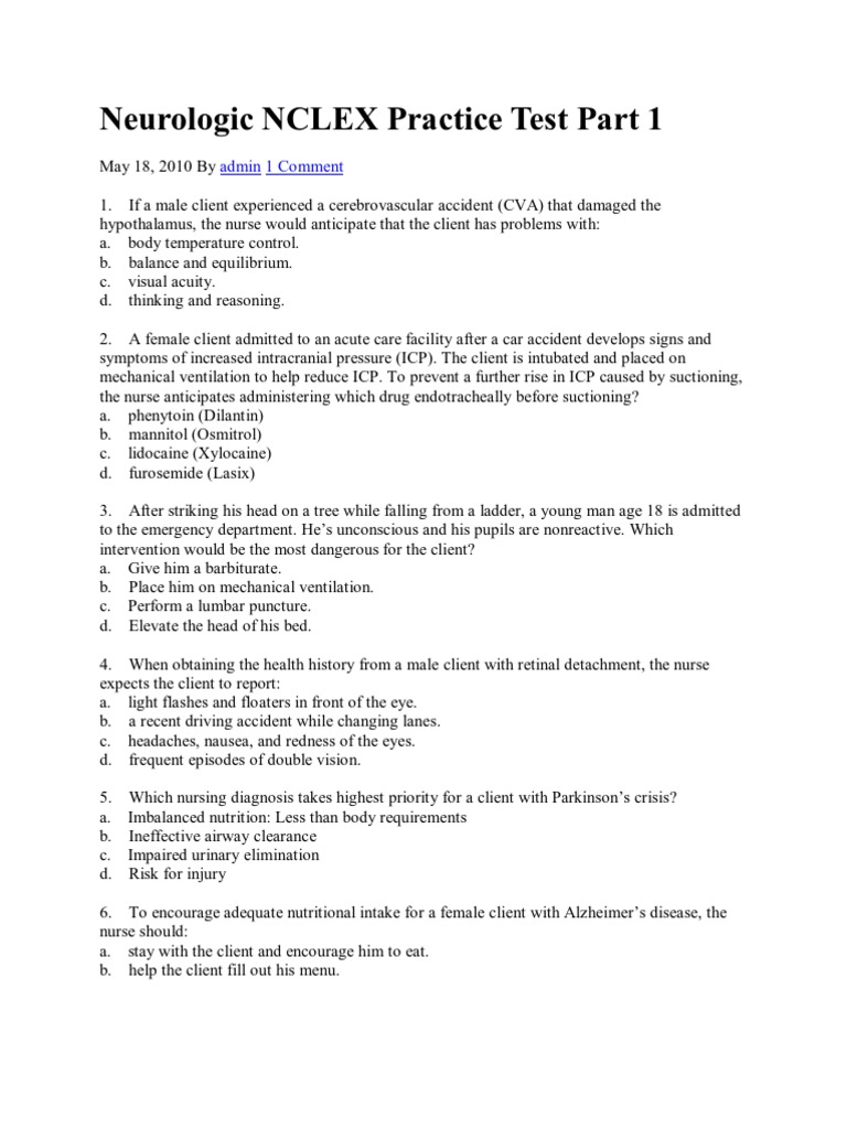 Neurologic NCLEX Practice Test Part 1 | PDF | Meningitis | Vertigo