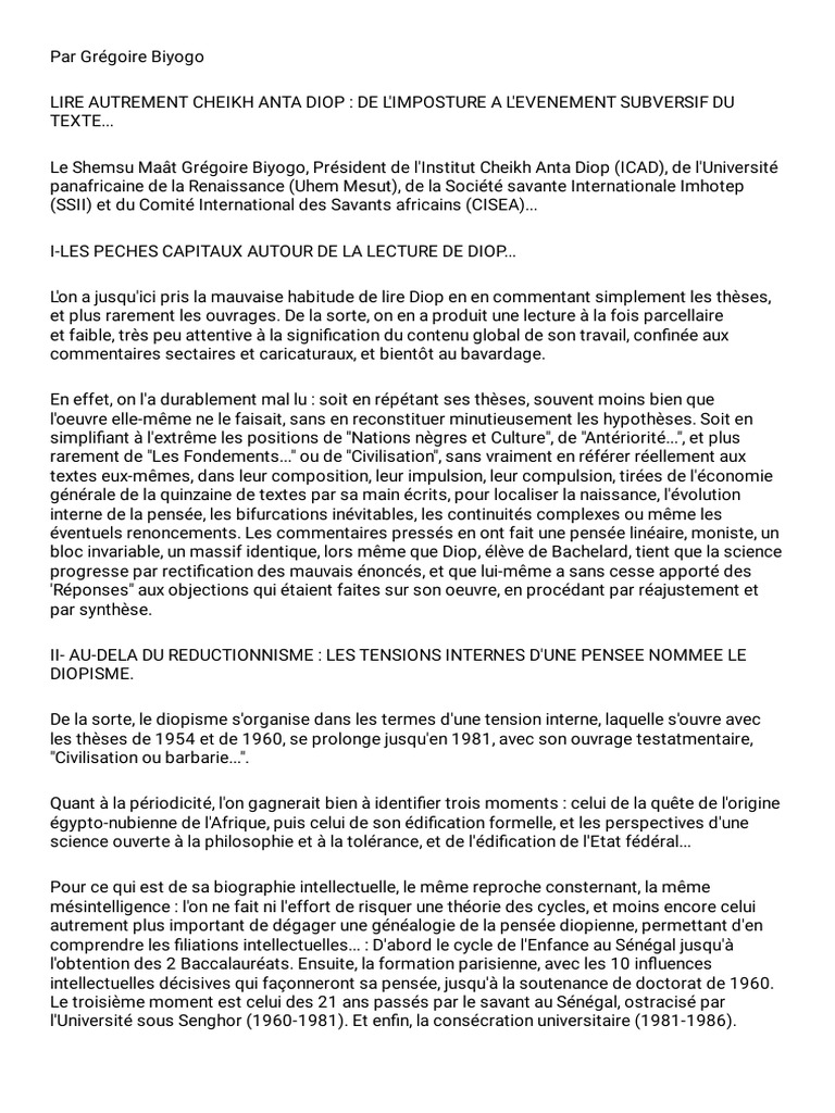 Gregoire Biyogo - Lire Autrement Cheikh Anta Diop | PDF | Science | Vérité