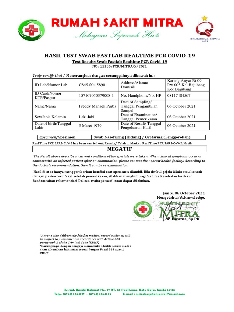 Surat Hasil PCR RS Mitra Jambi-Freddy Manaek Purba-06 Oktober 2021 | PDF
