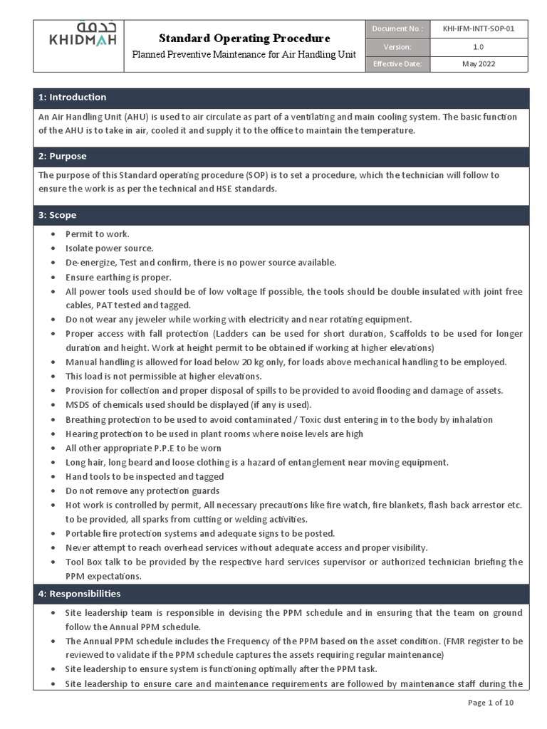 SOP For Air Handling Unit | PDF | Manufactured Goods | Equipment