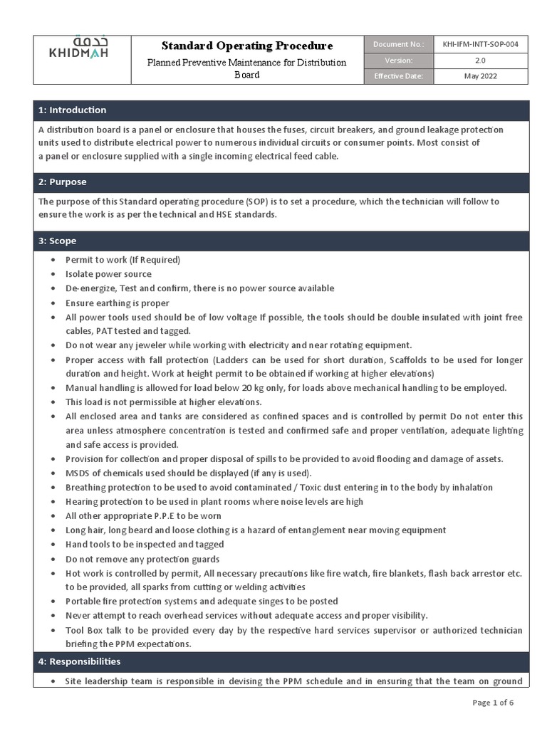 SOP For Distribution Board (DB) | PDF