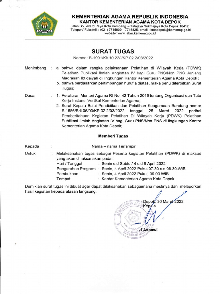Surat Tugas Peserta Diklat Pelatihan Publikasi Ilmiah Angkatan IV | PDF