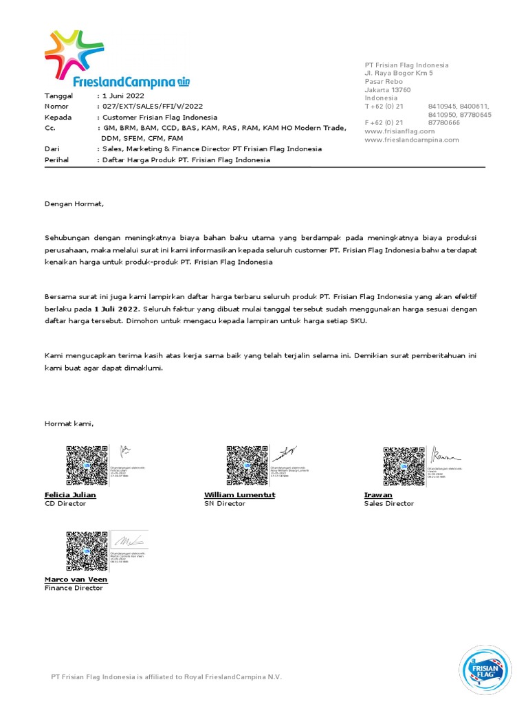 027 EXT - Daftar Harga Produk PT Frisian Flag Indonesia 1 Juli 2022 ...