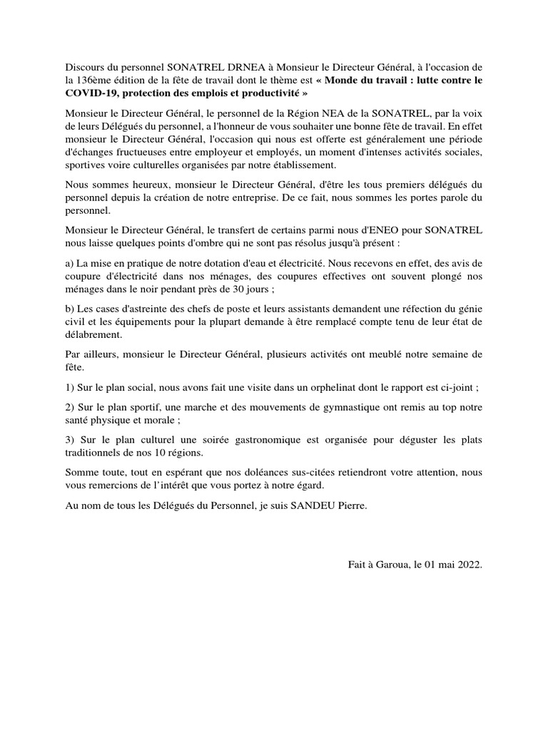 Discours Du Personnel À Monsieur Le Directeur Général | PDF