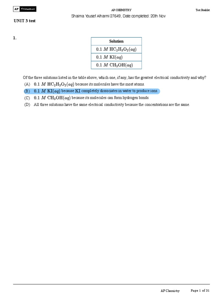 AP Chem Unit 3 Summative | PDF | Solubility | Solvation