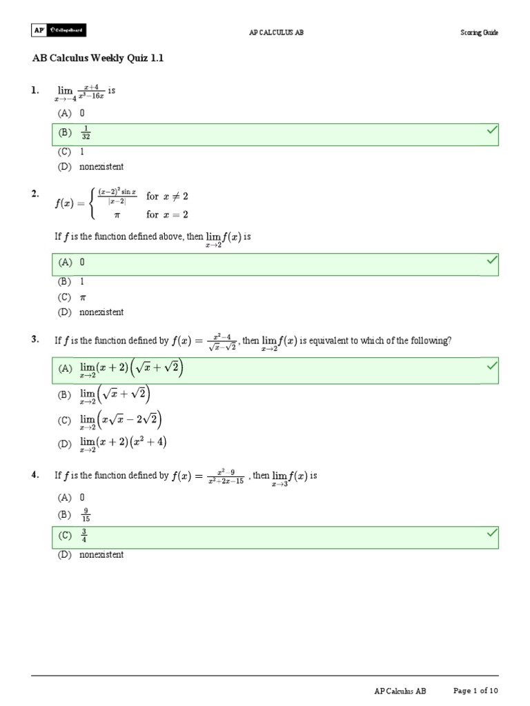 AP Calculus AB Quiz 1.1 Guide | PDF