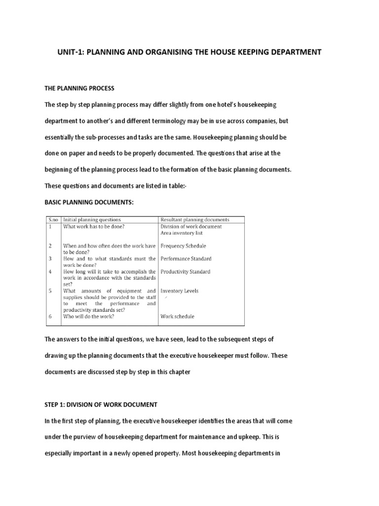 Housekeeping Planning and Standards | PDF | Inventory | Housekeeping