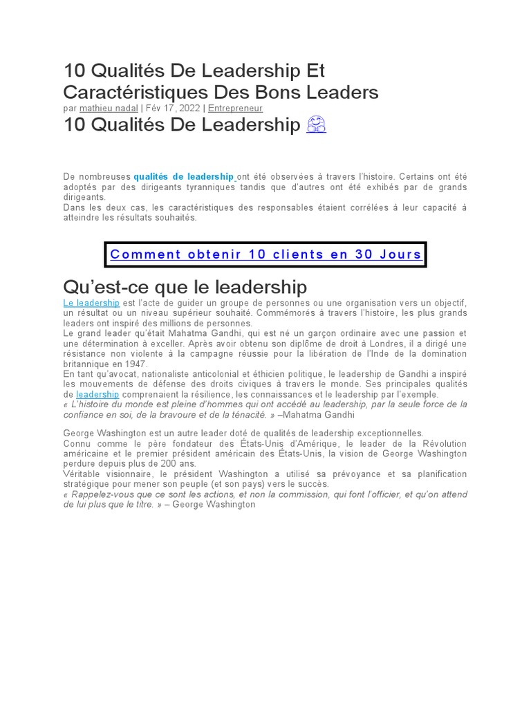 10 Qualités de Leadership Et Caractéristiques Des Bons Leaders | PDF