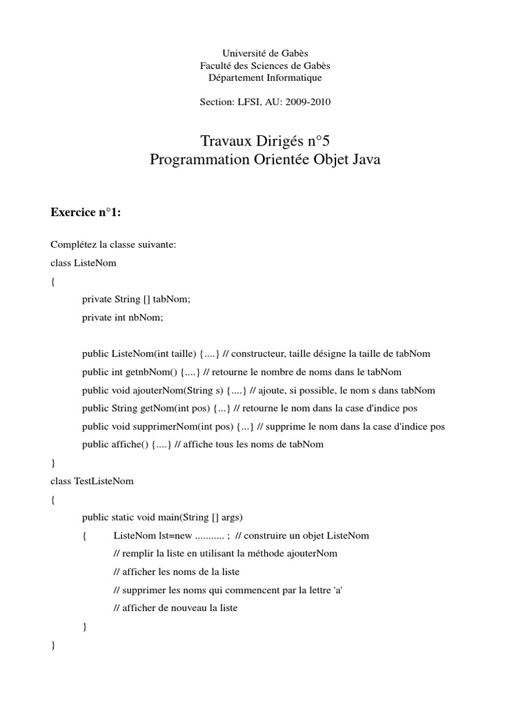 Travaux Dirigés N°5 Programmation Orientée Objet Java | PDF | Classe (informatique) | Programmation