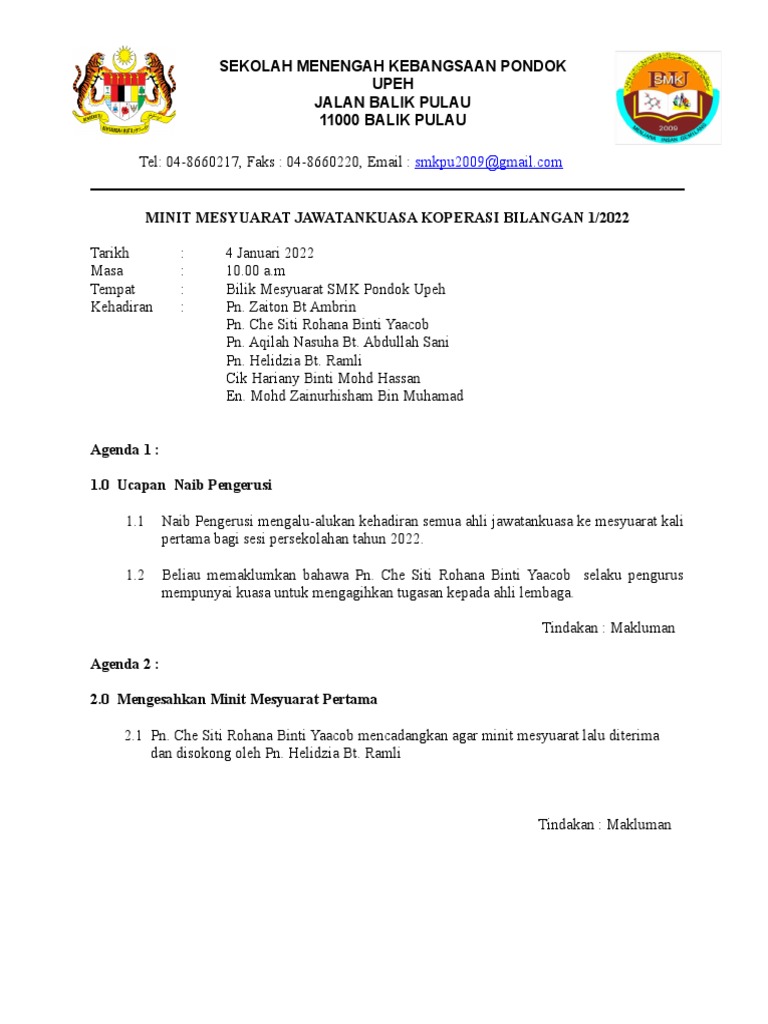 Minit Mesyuarat Koperasi Ke 1 SMKPU | PDF