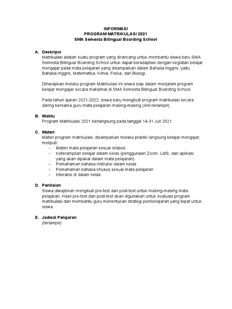 Program Matrikulasi 2021 SMA | PDF