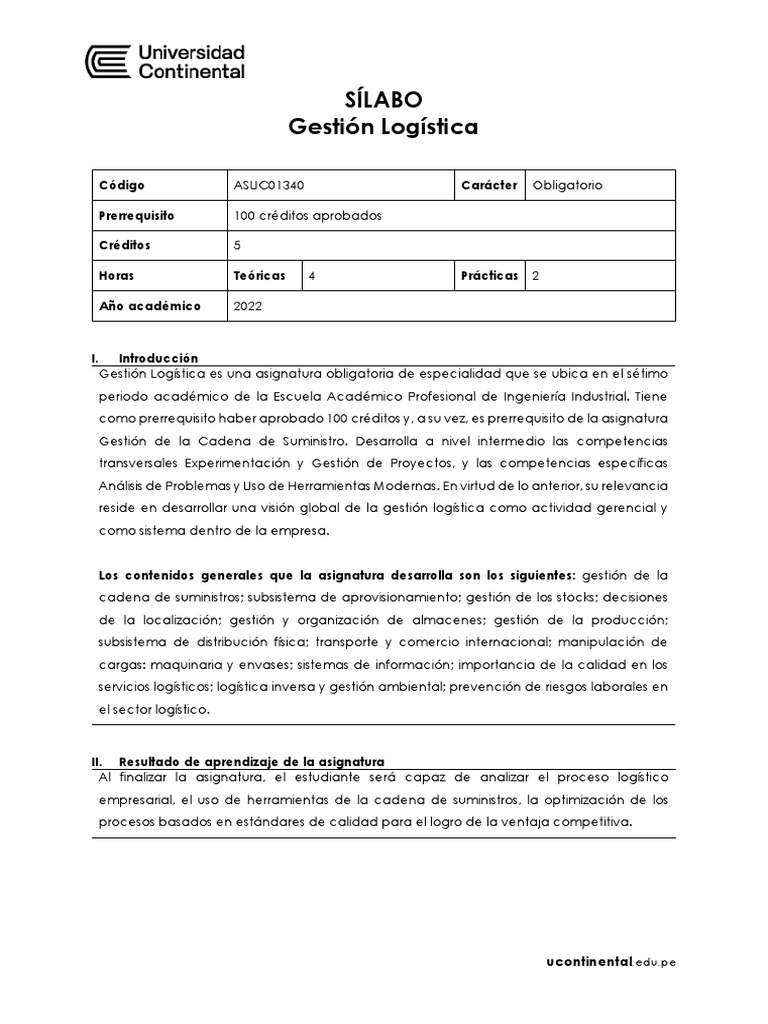 Silabo Gestion Logística 2022 | PDF | Logística | Obtención
