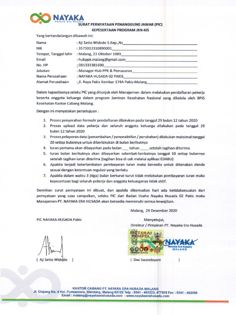 Surat Pernyataan Badan Usaha Nayaka Husada 02 Pakis | PDF