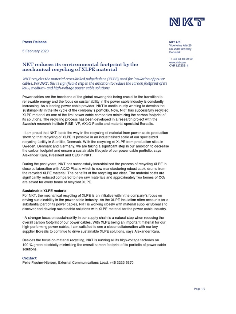 NKT Reduces Environmental Footprint by Mechanical Recycling of XLPE Material | PDF
