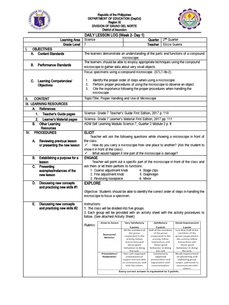 Proper Handling and Use of Microscope Semi-Detailed 7 E's Lesson Plan ...