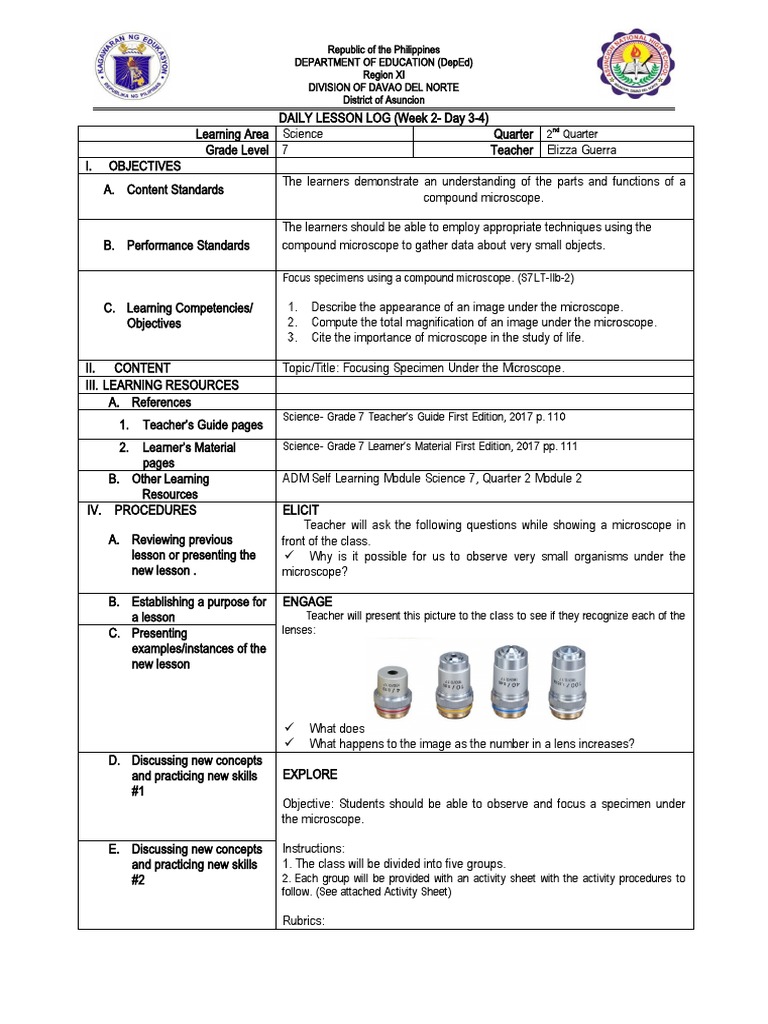 Focusing A Specimen 7 E's Lesson Plan | PDF | Microscope | Learning