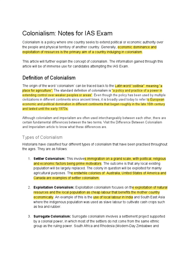 Colonialism DEF, TYPES, HISTORY | PDF