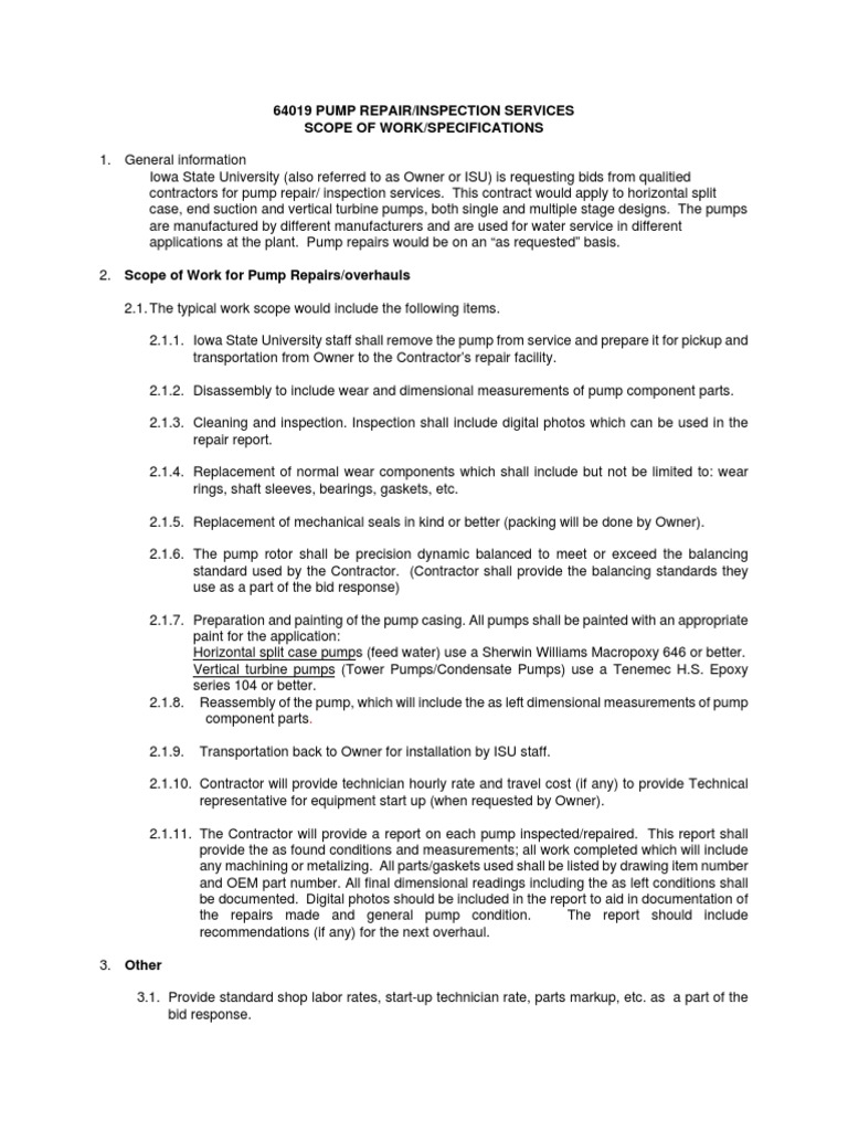 Pump Repair/Inspection Services Scope of Work/Specifications | PDF ...