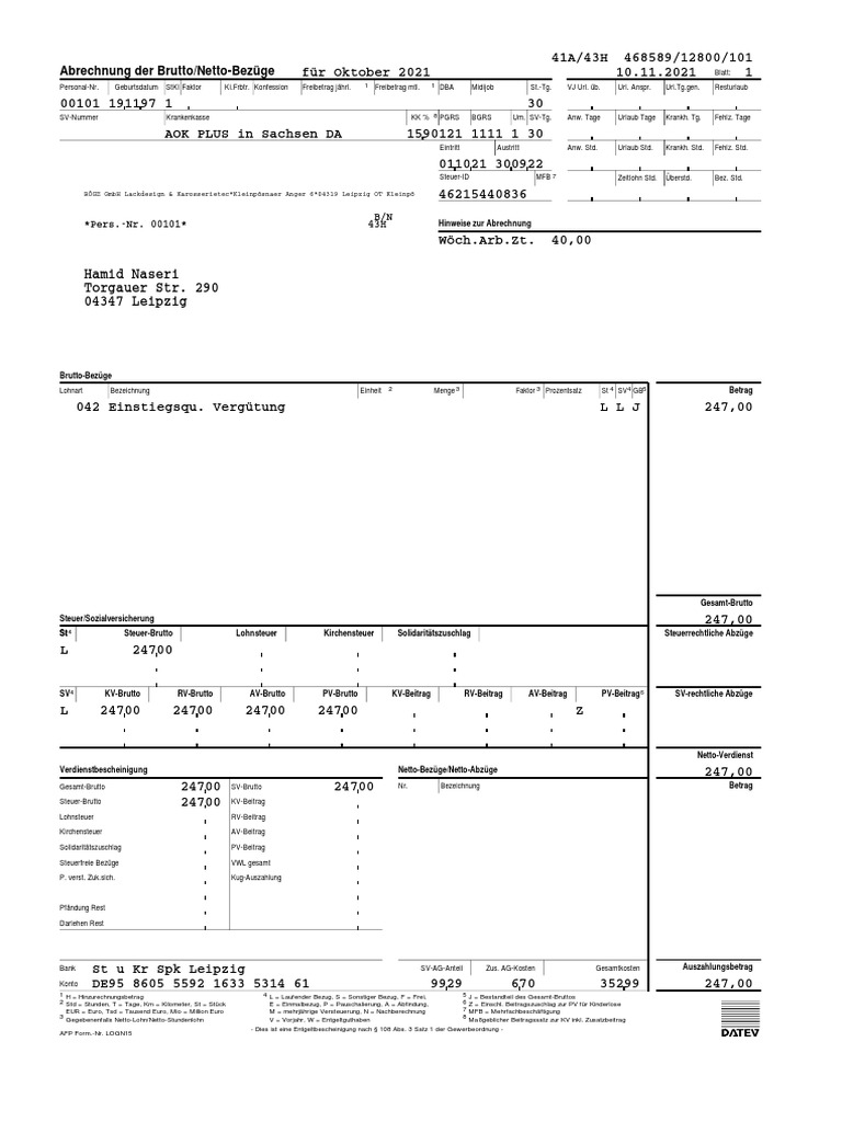 Brutto Netto Abrechnung Oktober 2021 | PDF