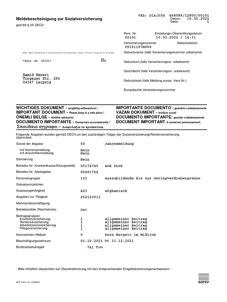 Meldebescheinigung Zur Sozialversicherung Januar 2022 | PDF