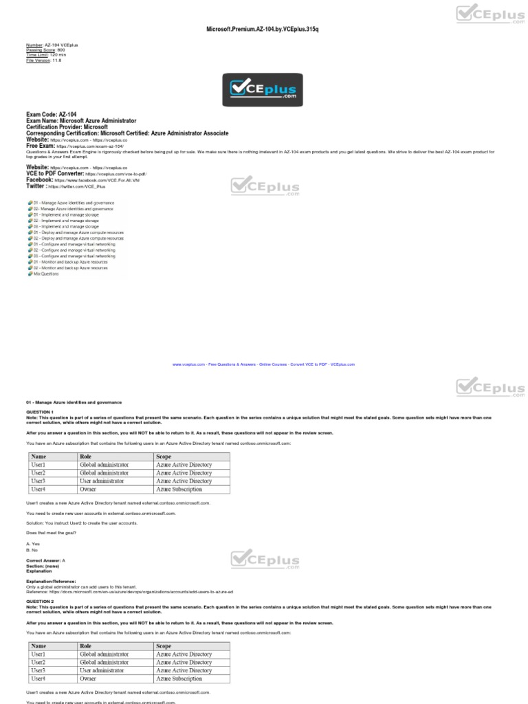 Microsoft Azure Administrator Associate Az 104 Exam With Answer | PDF ...