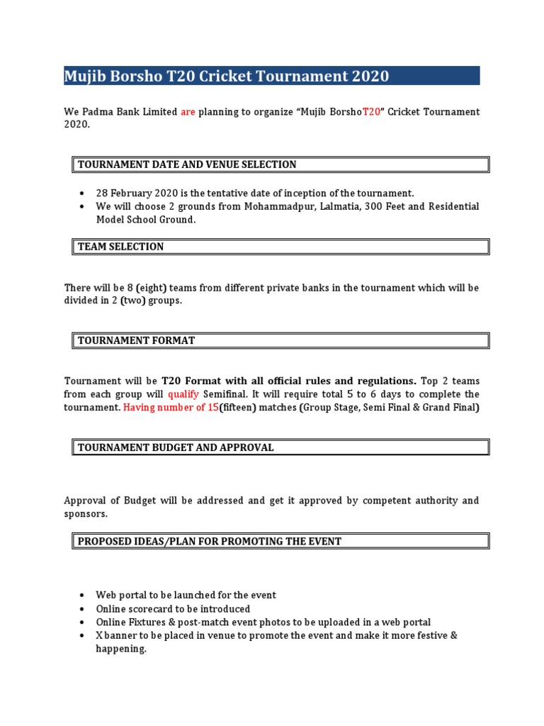 Mujib Borsho T20 Tournament Proposal | PDF | Cricket | Tournament