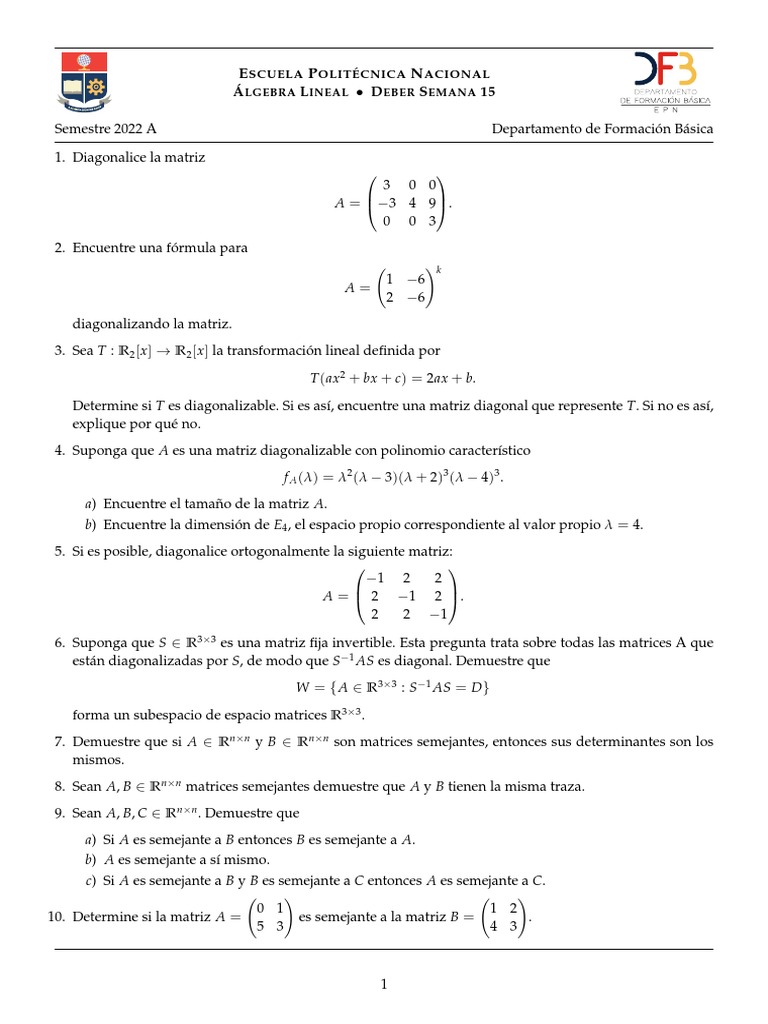 Semana 015 Hoja de Deber 015 | PDF | Matriz (Matemáticas) | Valores propios y vectores propios