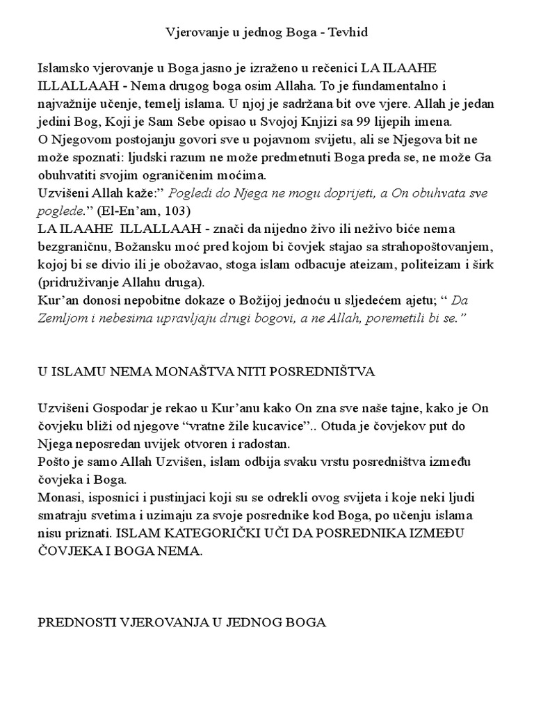 Vjerovanje U Jednog Boga - Tevhid | PDF