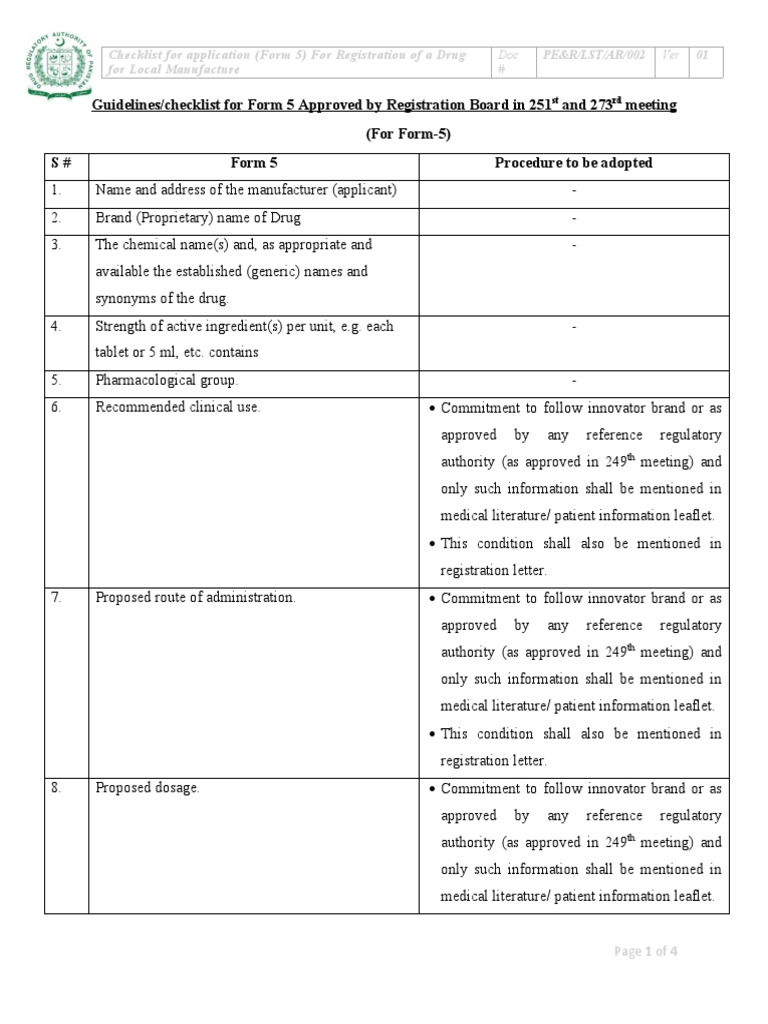 Checklist For Application Form 5 For Registration of A Drug For Local ...