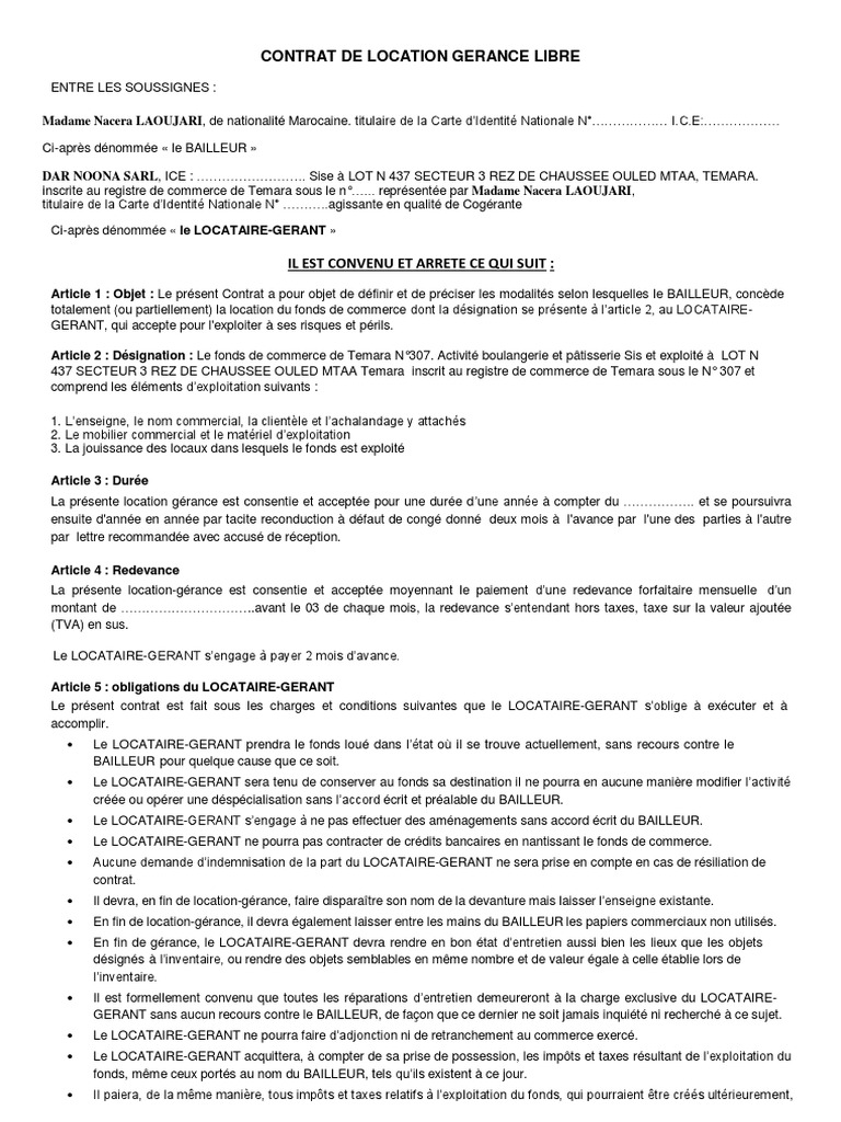 Contrat de Location Gerance Libre | Descargar gratis PDF | Impôts ... Contrat de Location Gerance Libre | Descargar gratis PDF | Impôts ...