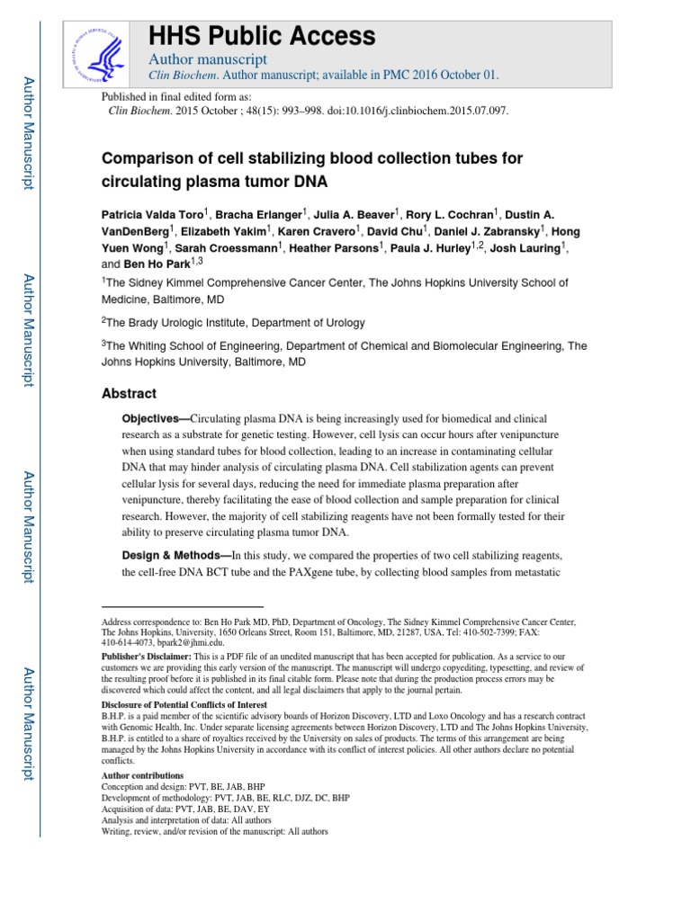 Comparison of Cell Stabilizing Blood Collection Tubes For Circulating ... Comparison of Cell Stabilizing Blood Collection Tubes For Circulating ...