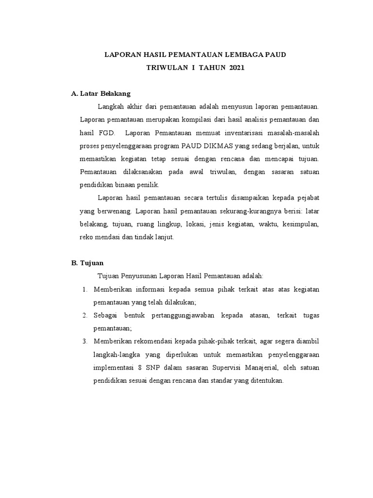 Laporan Hasil Pemantauan Lembaga Paud | PDF