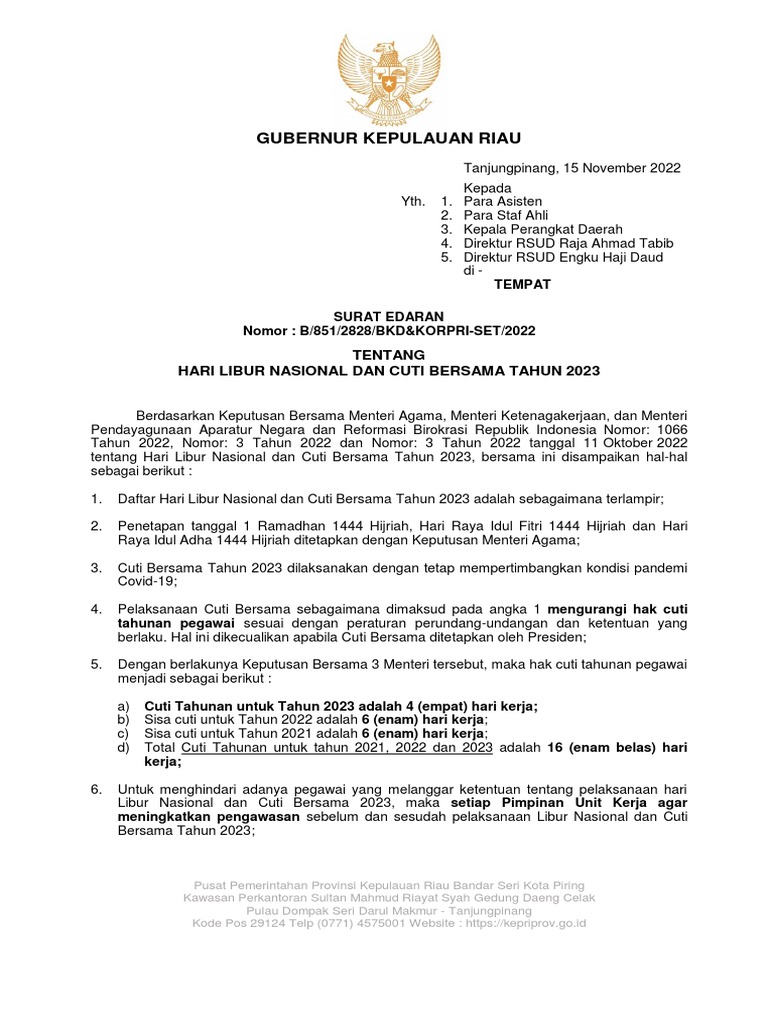 Surat Edaran Libur 2023 - OPD | PDF