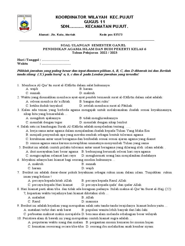 Soal PAI PAS Kls 6 Ganjil | PDF