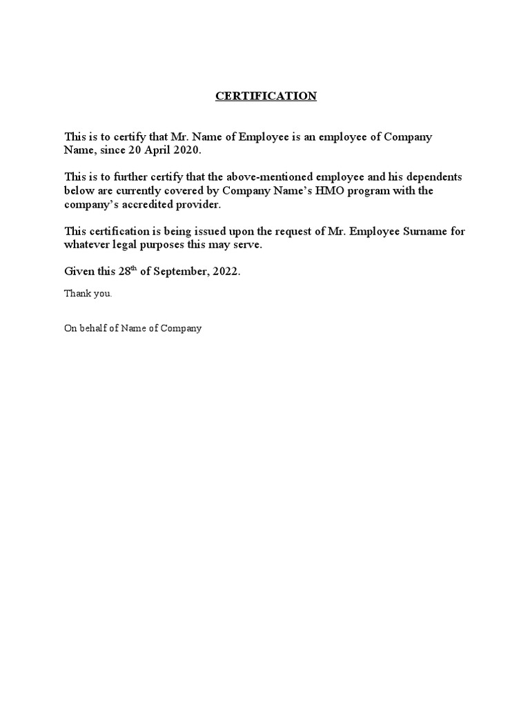 Certificate For HMO Coverage For Scribd | PDF