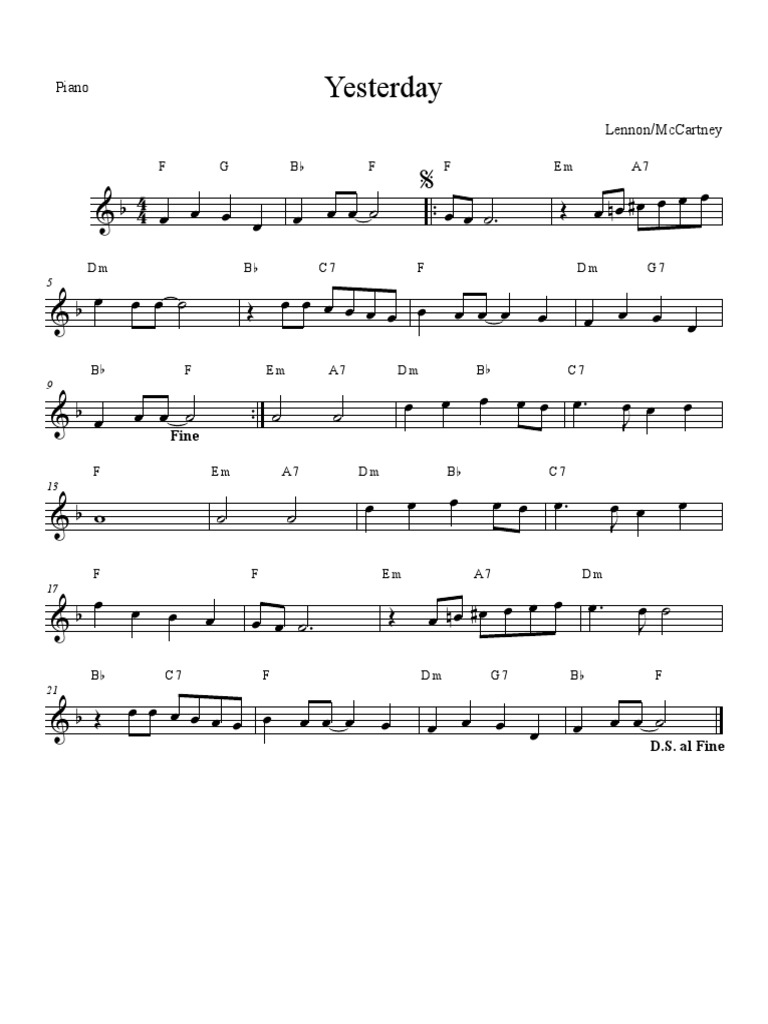 Yesterday Beatles Piano Pdf