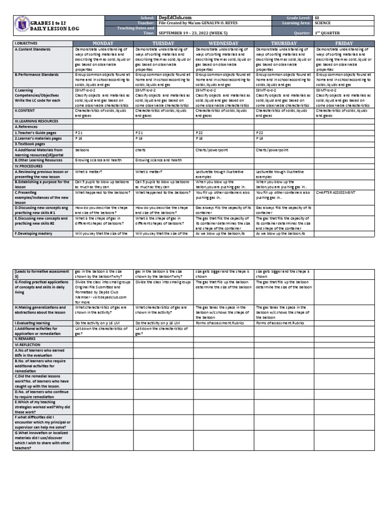 DLL - Science 3 - Q1 - W5 | PDF | Gases | Balloon