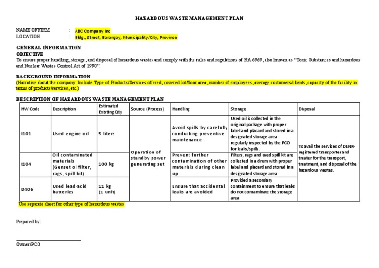 Hazardous Waste Management Plan | PDF