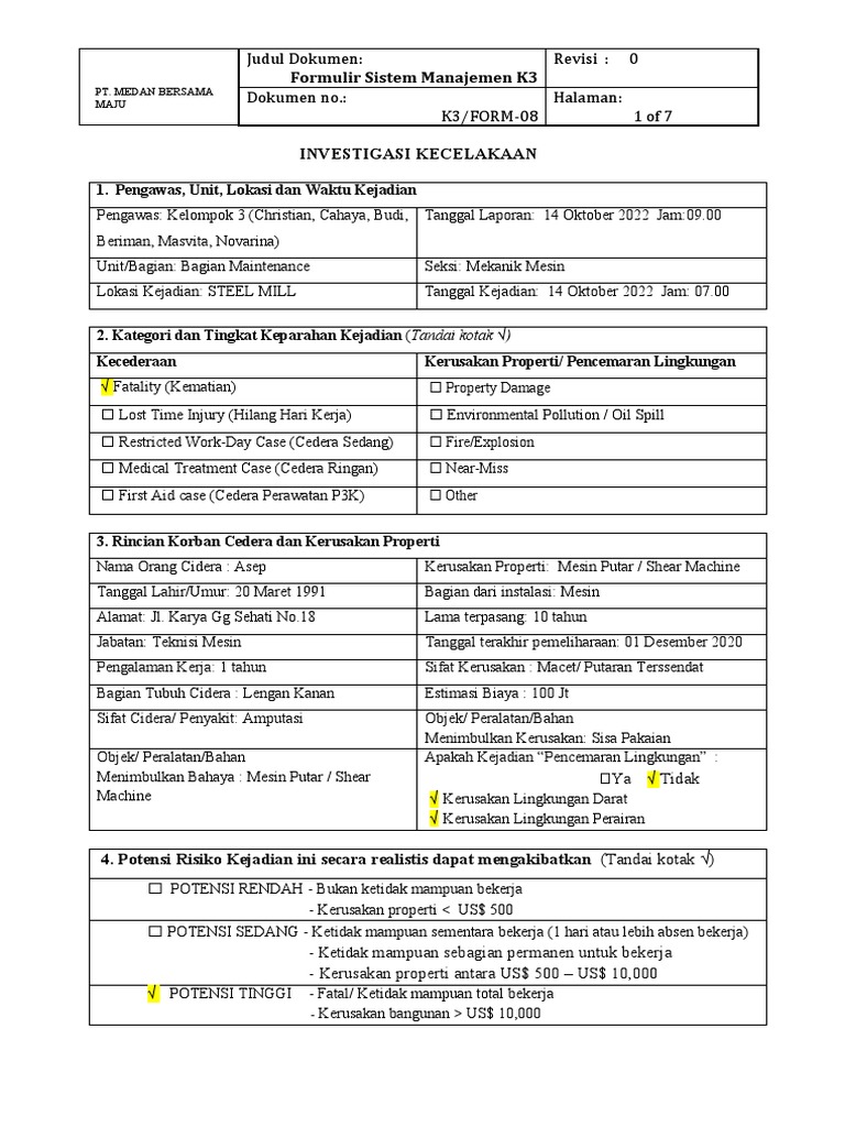 3.7 Formulir Investigasi Kecelakaan Kelompok 3 | PDF